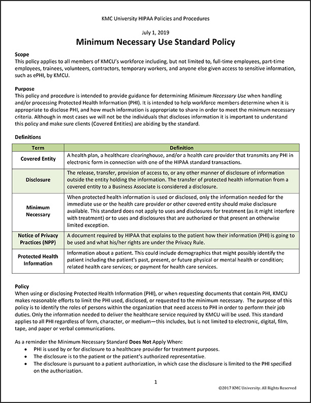 Minimum Necessary Use Standard Policy - KMC University